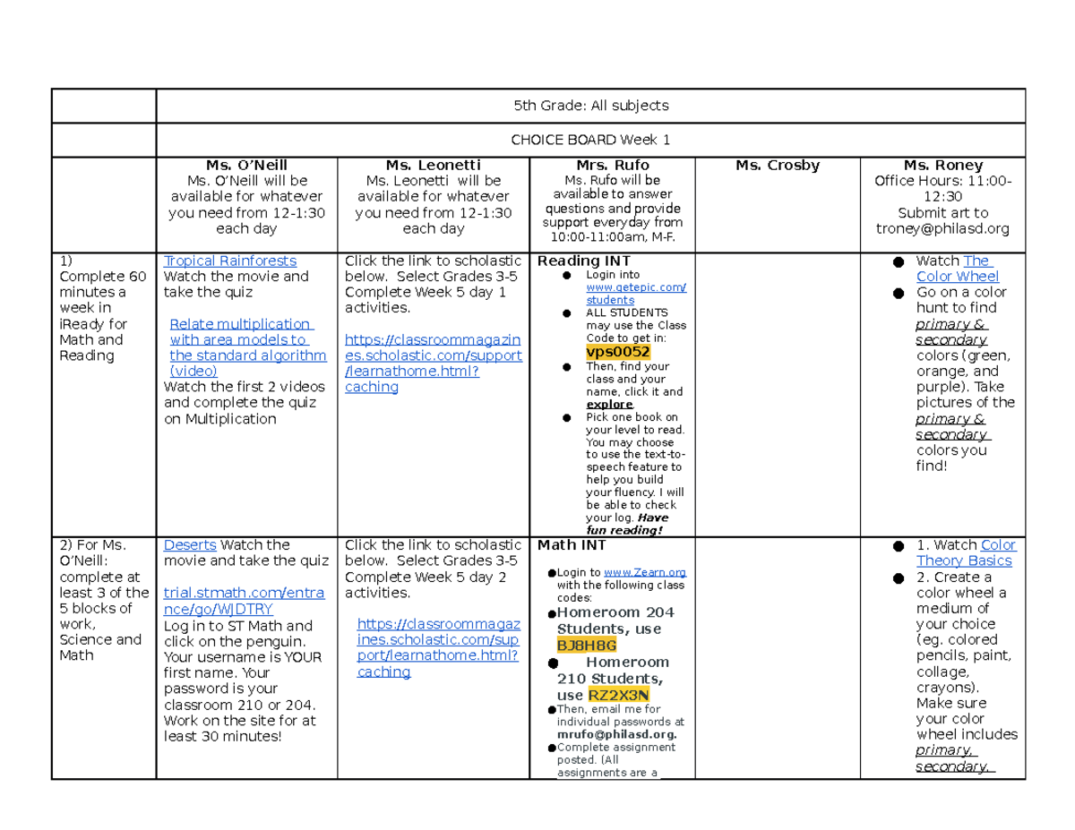 Jaii - Choice Board 5th April 13 - 5th Grade: All subjects CHOICE BOARD ...