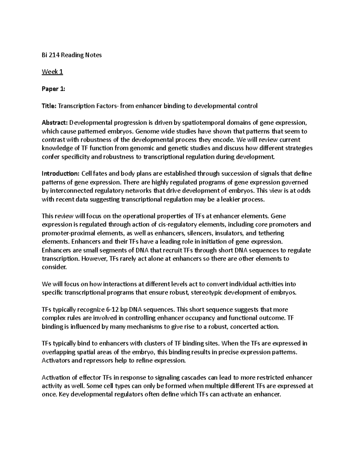 Bi 214 Textbook Notes - Bi 214 Reading Notes Week 1 Paper 1: Title ...