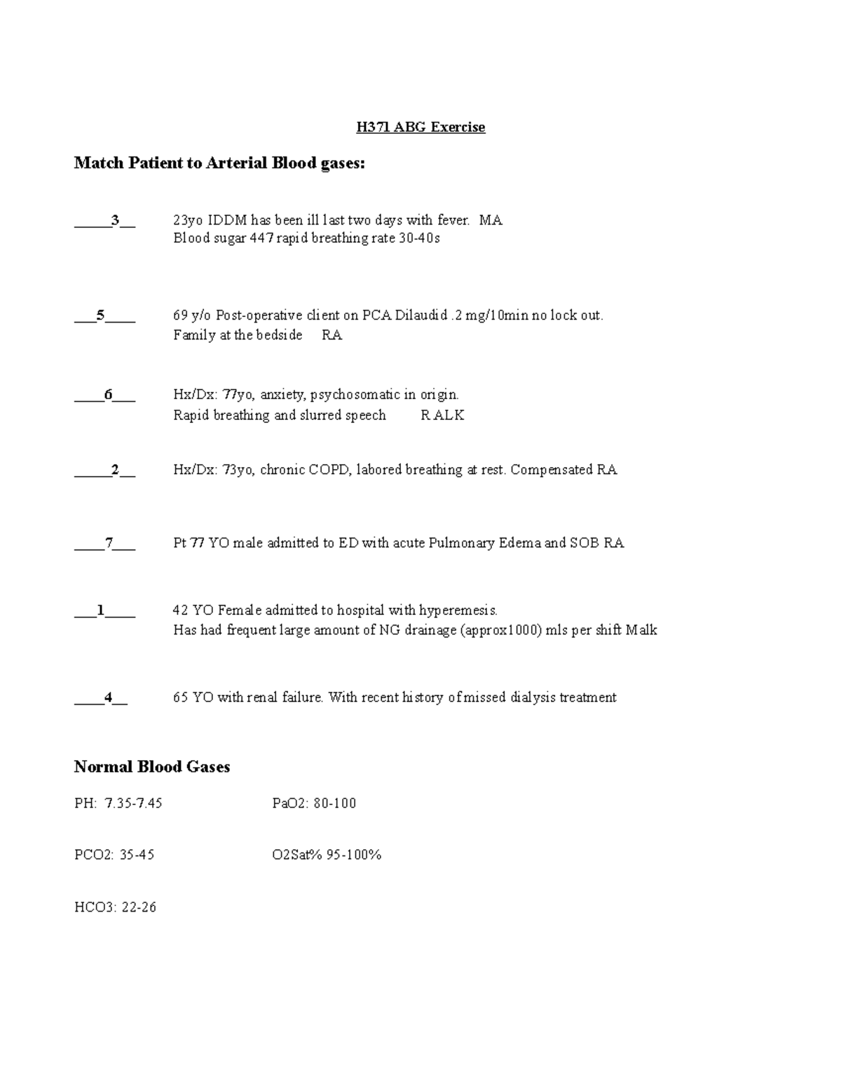 ABG Exercise H371-1 - ABG assignment - H371 ABG Exercise Match Patient ...