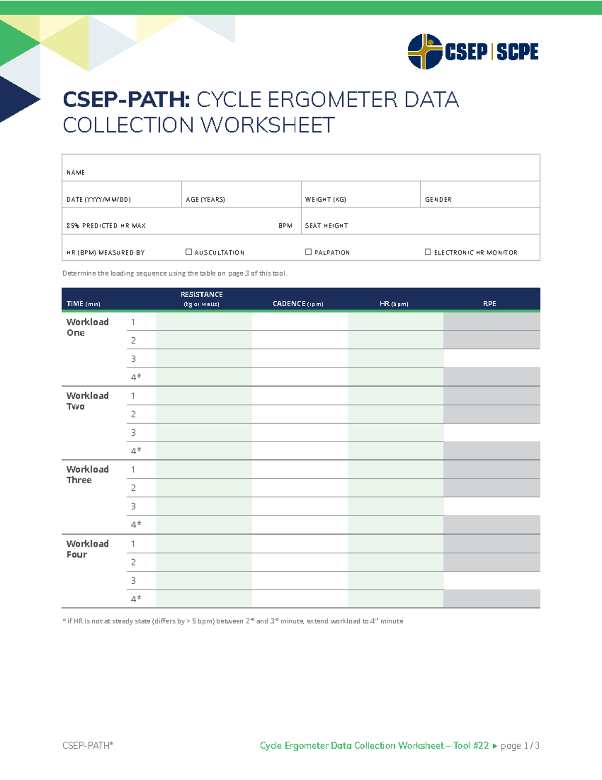 Tool 22 Cycle Ergometer Data Collection Worksheet Csep Path 2021