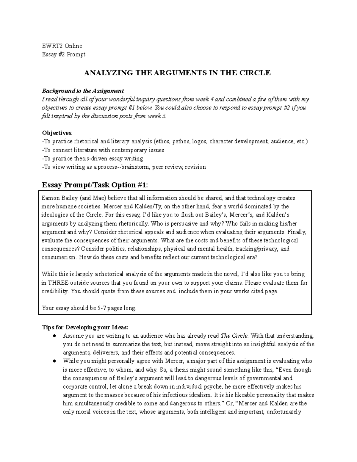 The Circle Essay Prompt - EWRT2 Online Essay #2 Prompt ANALYZING THE ...