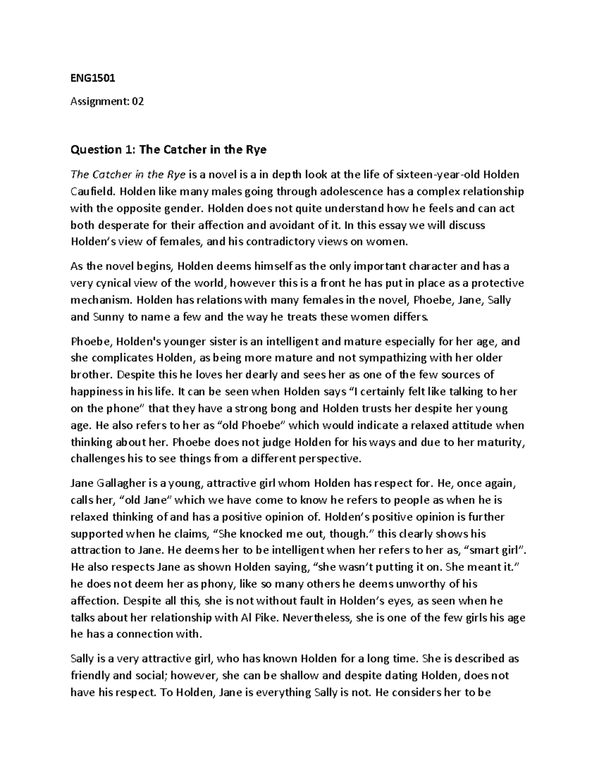 ENG1501 Assignment 2 - ENG Assignment: 02 Question 1: The Catcher in ...