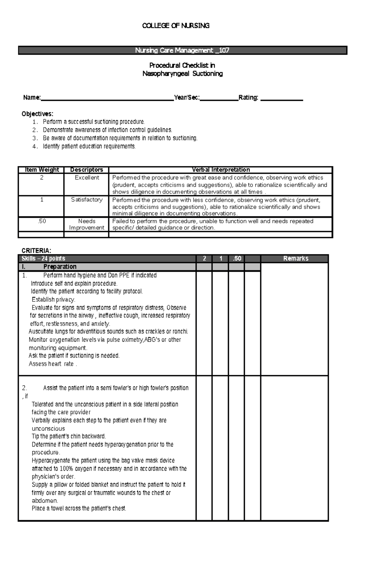 Nasopharygeal Suctioning Nursing Retdem Checklist - COLLEGE OF NURSING ...