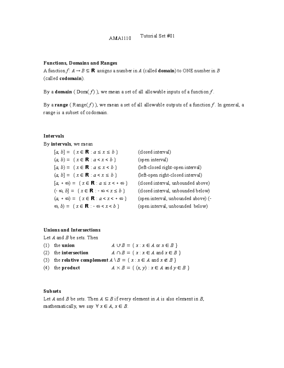 Tut1 - Tutorial Question for Lecture 1 - AMA1110 Tutorial Set #01 Functions, Domains and Ranges ...