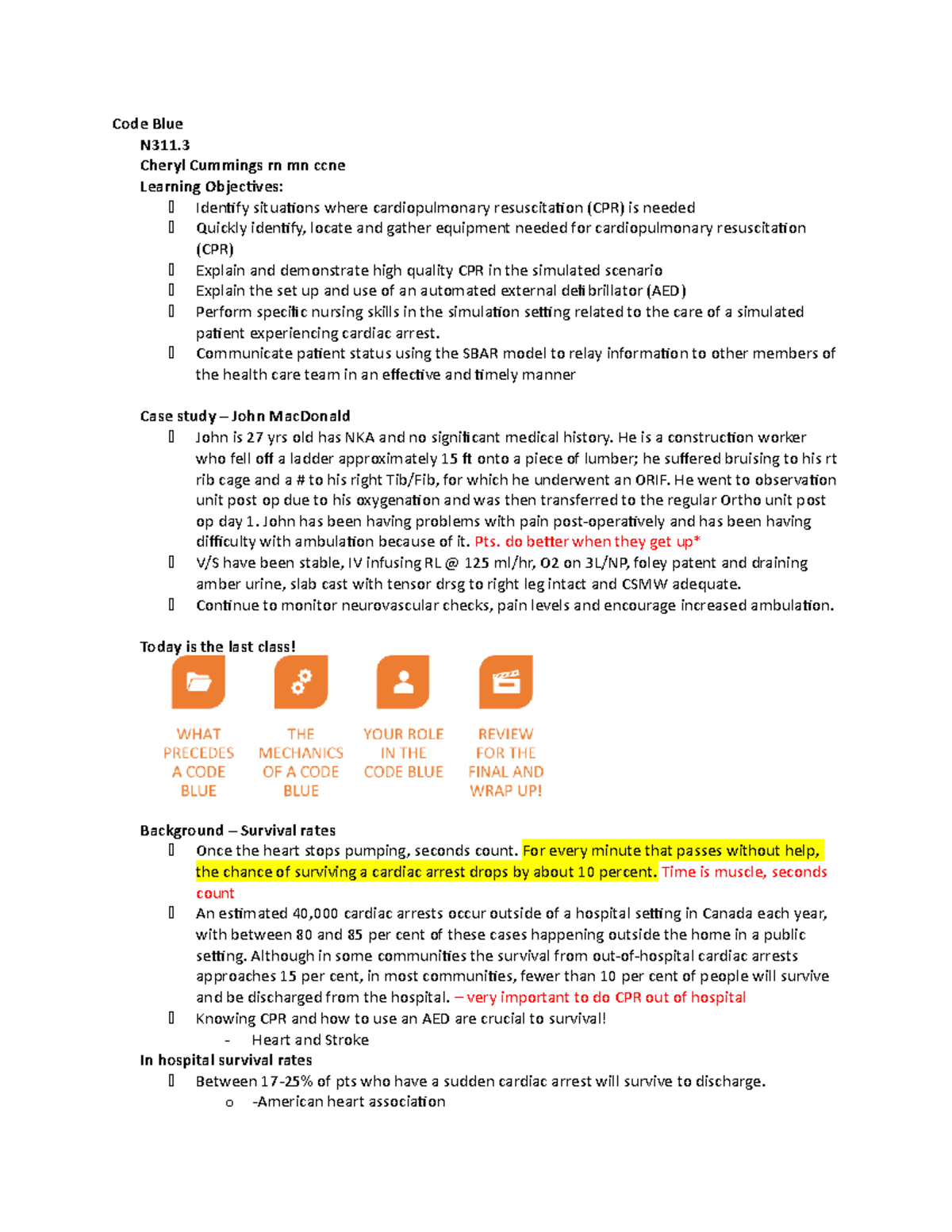 Student Code Blue lecture 2018 - Code Blue N311. Cheryl Cummings rn mn ...
