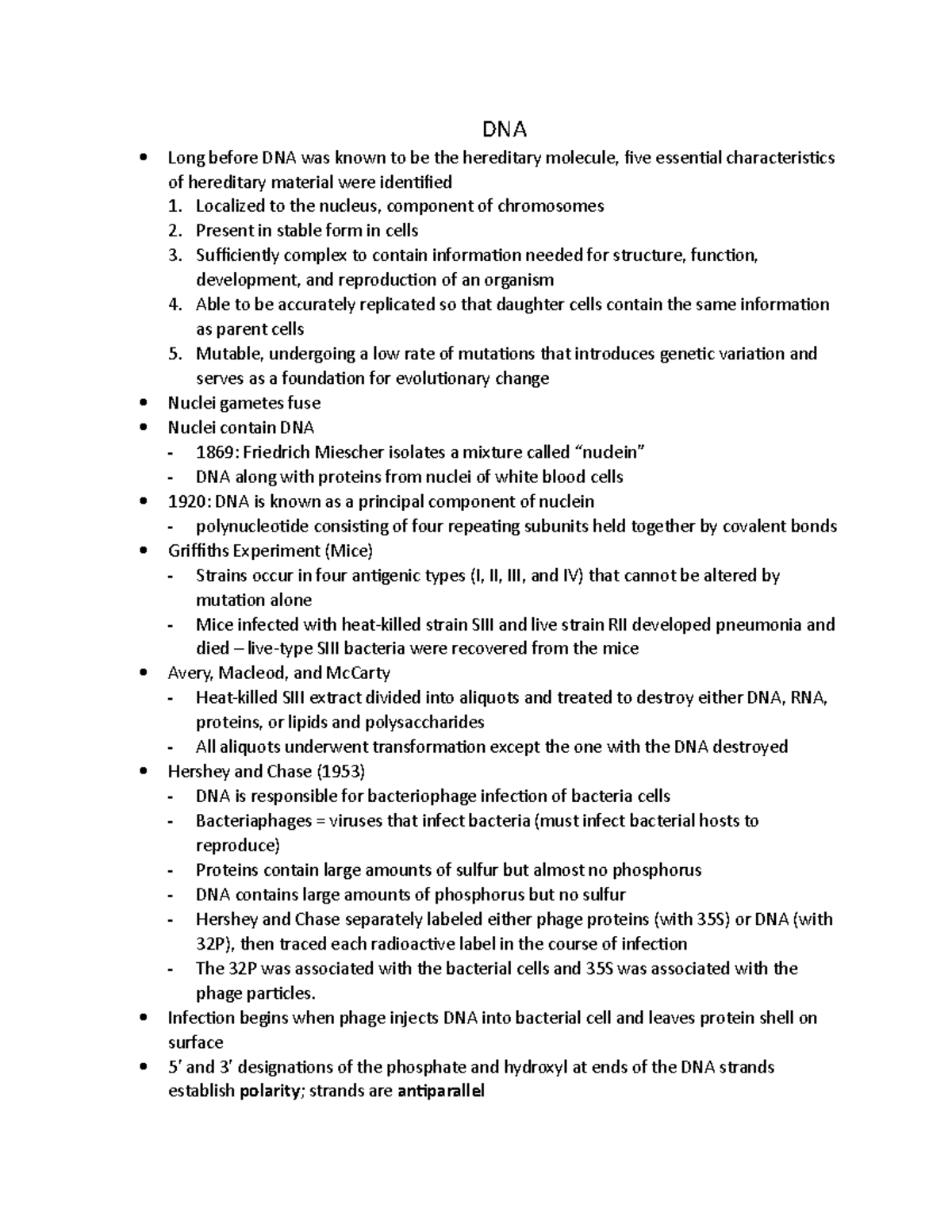 DNA - This class was taught by Dr. Robert Haney. These are the notes ...