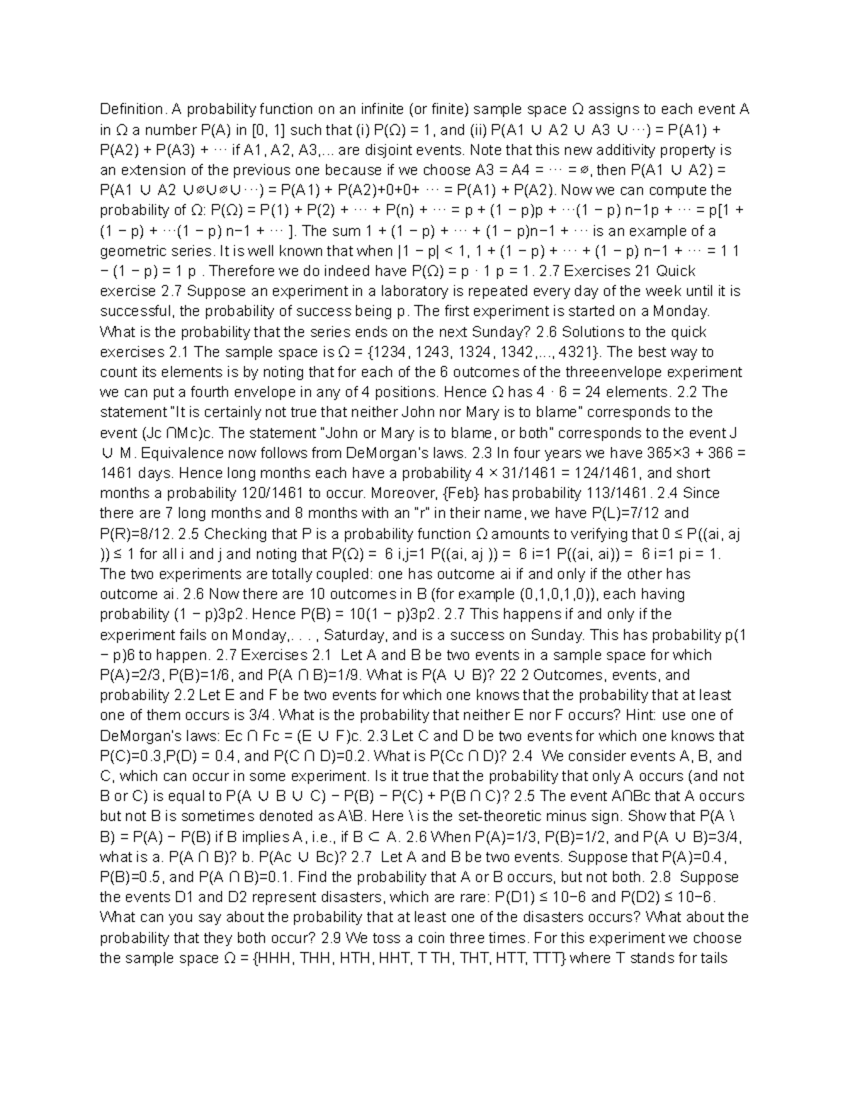 Prob5 - Probability and Stats - Definition. A probability function on an infinite (or finite ...