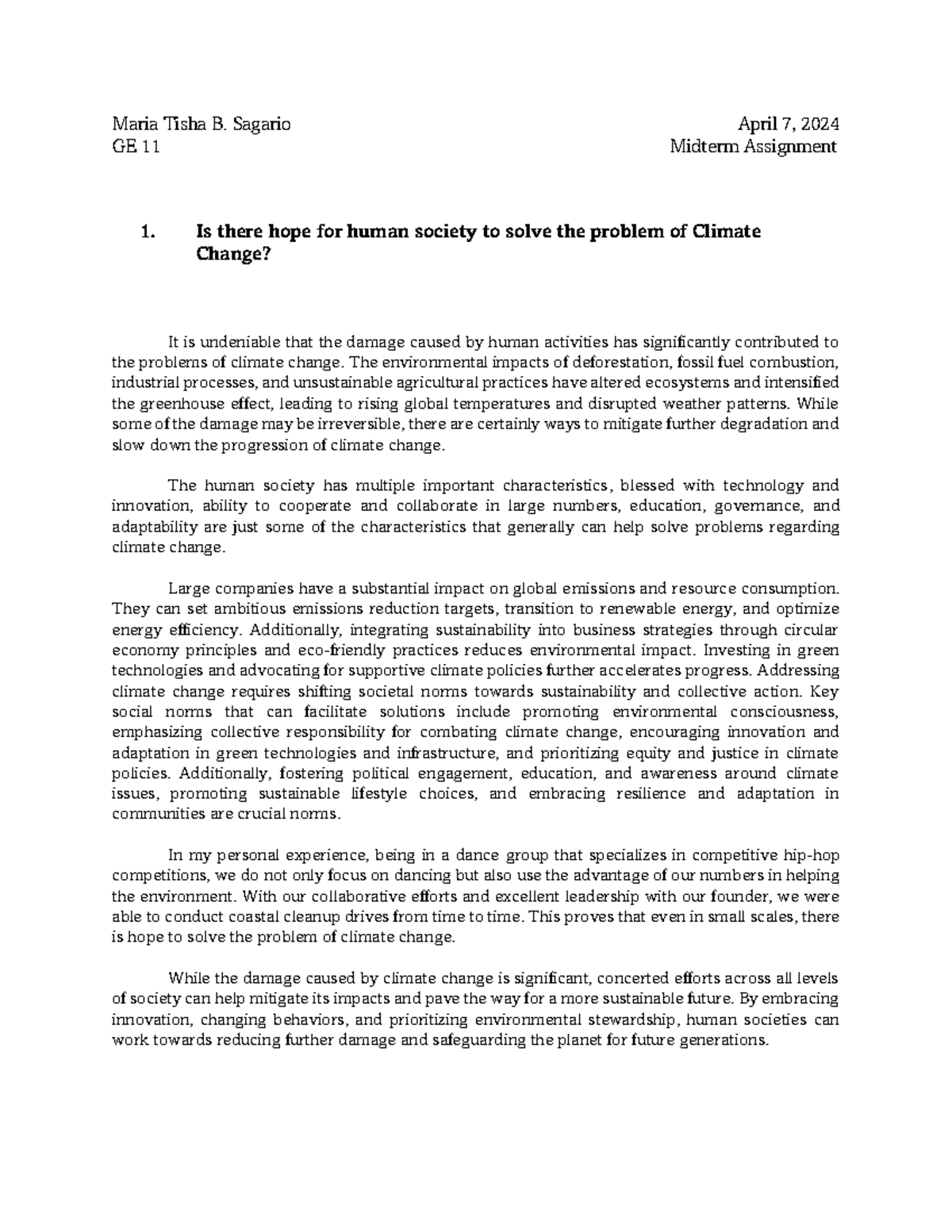 Sagario GE11 Midterm Assignment - Maria Tisha B. Sagario April 7, 2024 GE 11 Midterm Assignment ...