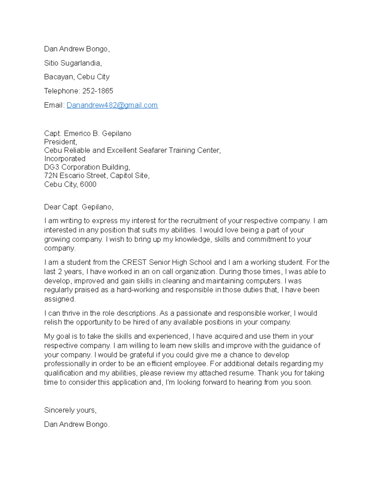 Application on business asd d asd asdasda asd - Dan Andrew Bongo, Sitio ...