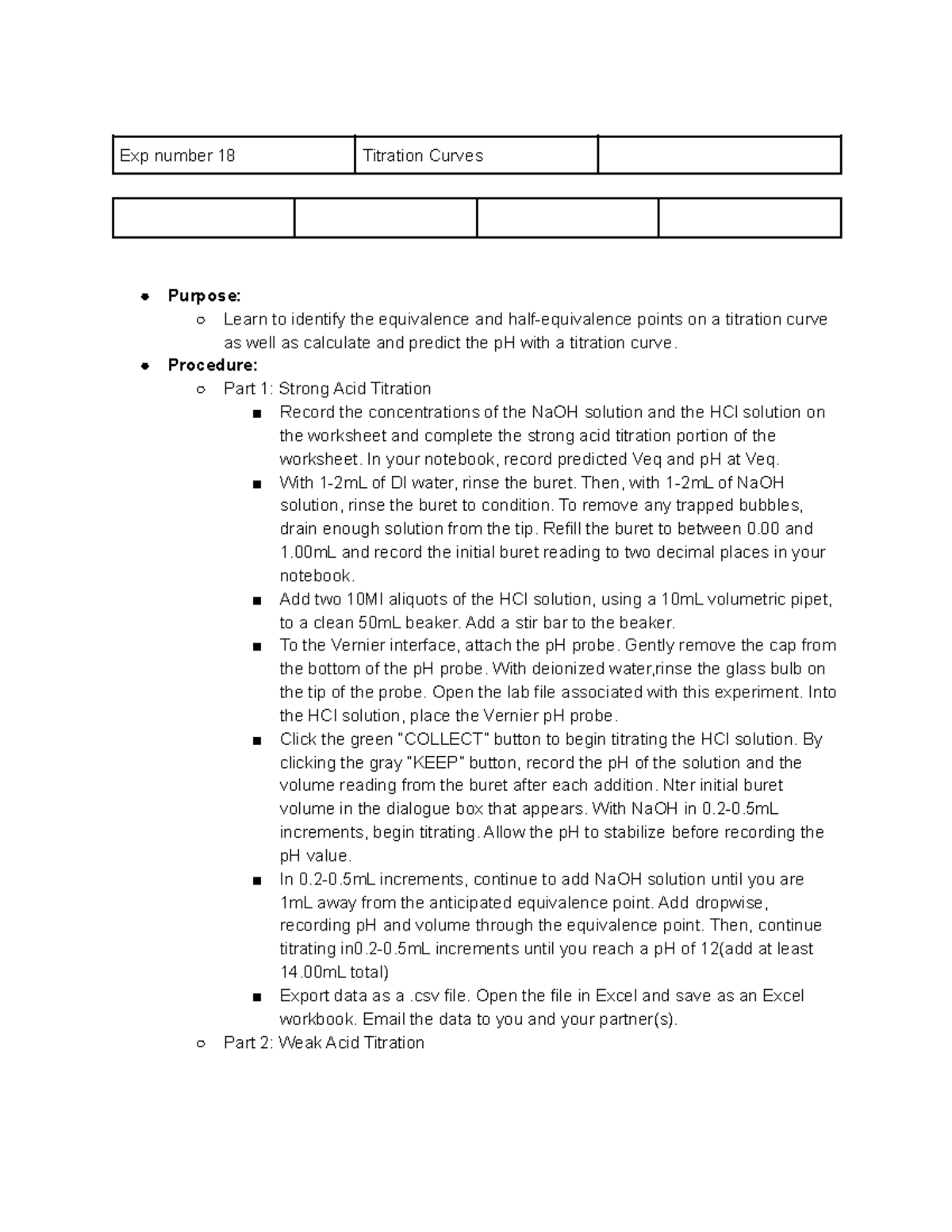 Experiment 19 - Assignment for chem - Exp number 18 Titration Curves ...