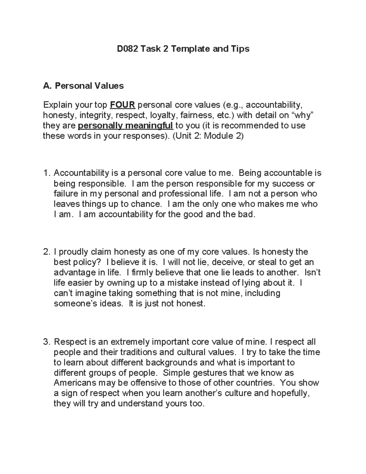 D082 Task 2 - D082 Task 2 - D082 Task 2 Template and Tips A. Personal Values Explain your top ...