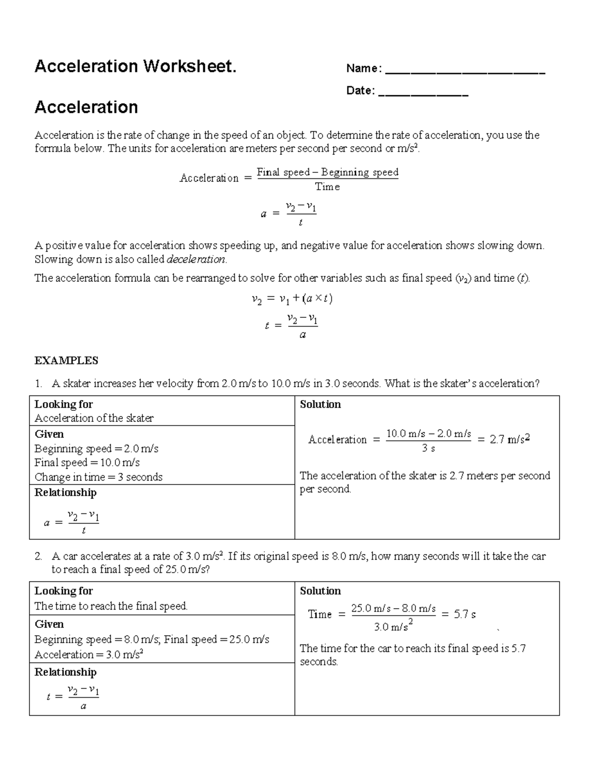 Acceleration Worksheet - Name: _________________________ Date ...