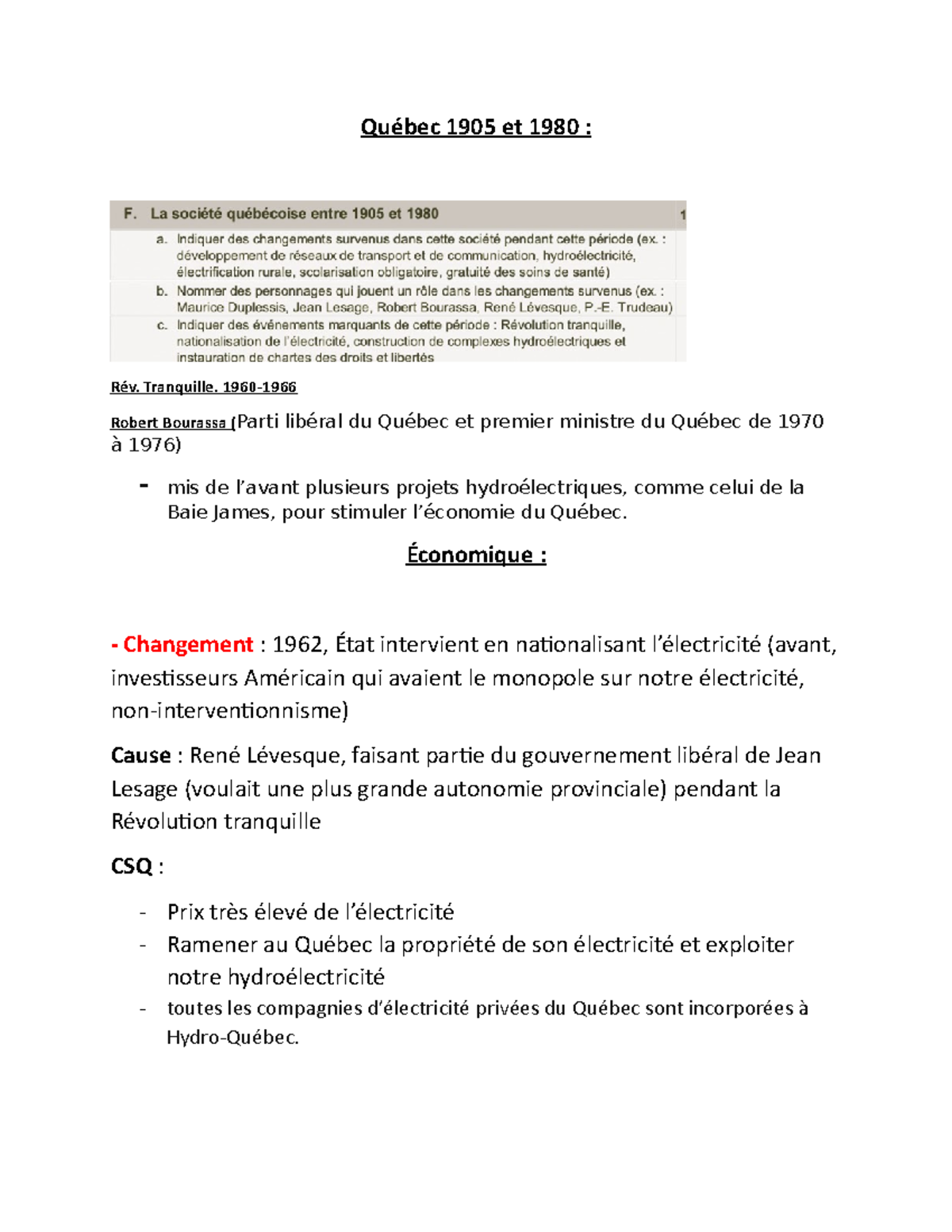 Les changements survenus dans le Québec de 1905 et du Québec en 1980 ...