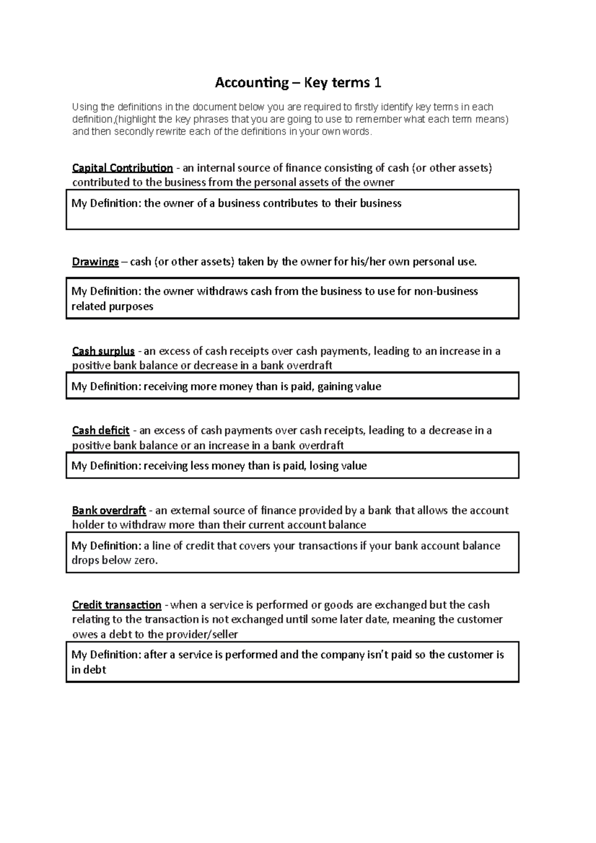 Accounting key terms - Accounting – Key terms 1 Using the definitions in the document below you ...