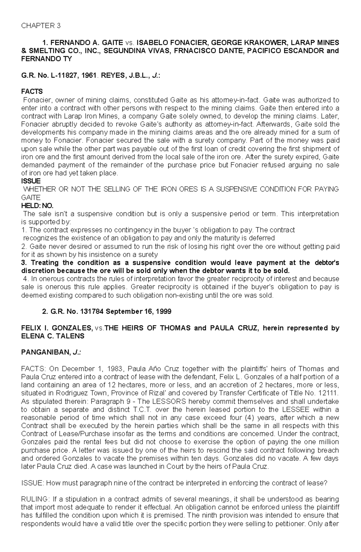 Chapter 3 Case Digest Obligation - CHAPTER 3 FERNANDO A. GAITE vs. ISABELO FONACIER, GEORGE ...