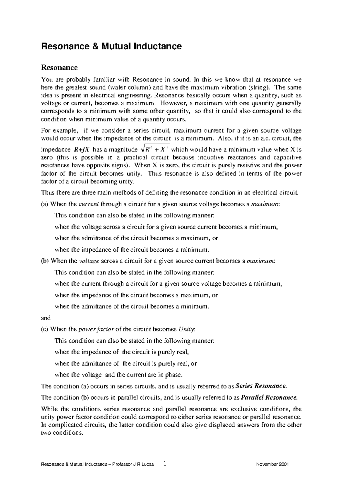 EE201 resonance mutual - Resonance & Mutual Inductance – Professor J R ...