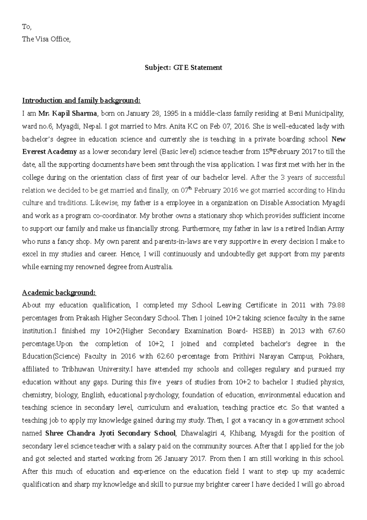 Sop of Kapil Sharma - 123 - To, The Visa Office, Subject: GTE Statement ...