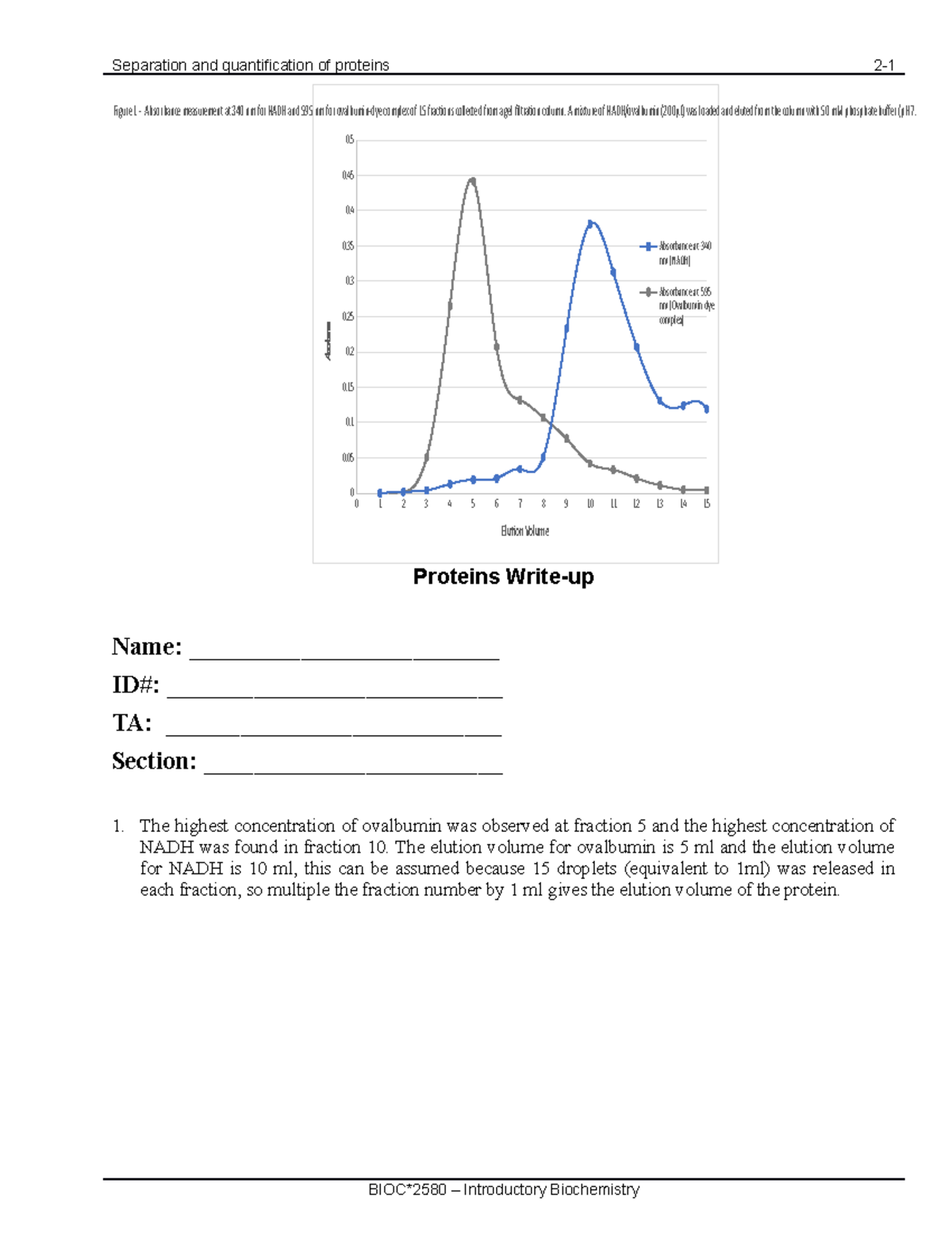 Bioc 2580 Lab 2 Protein Lab Write Up Separation And Quantification Of Proteins 2 Proteins 