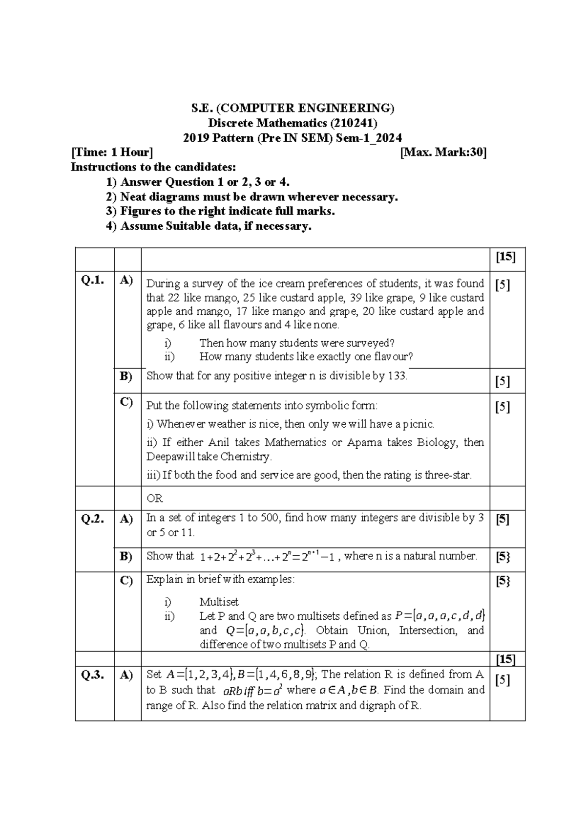 DM-Comp Insem QP - QUESTION PAPERS - S. (COMPUTER ENGINEERING) Discrete ...