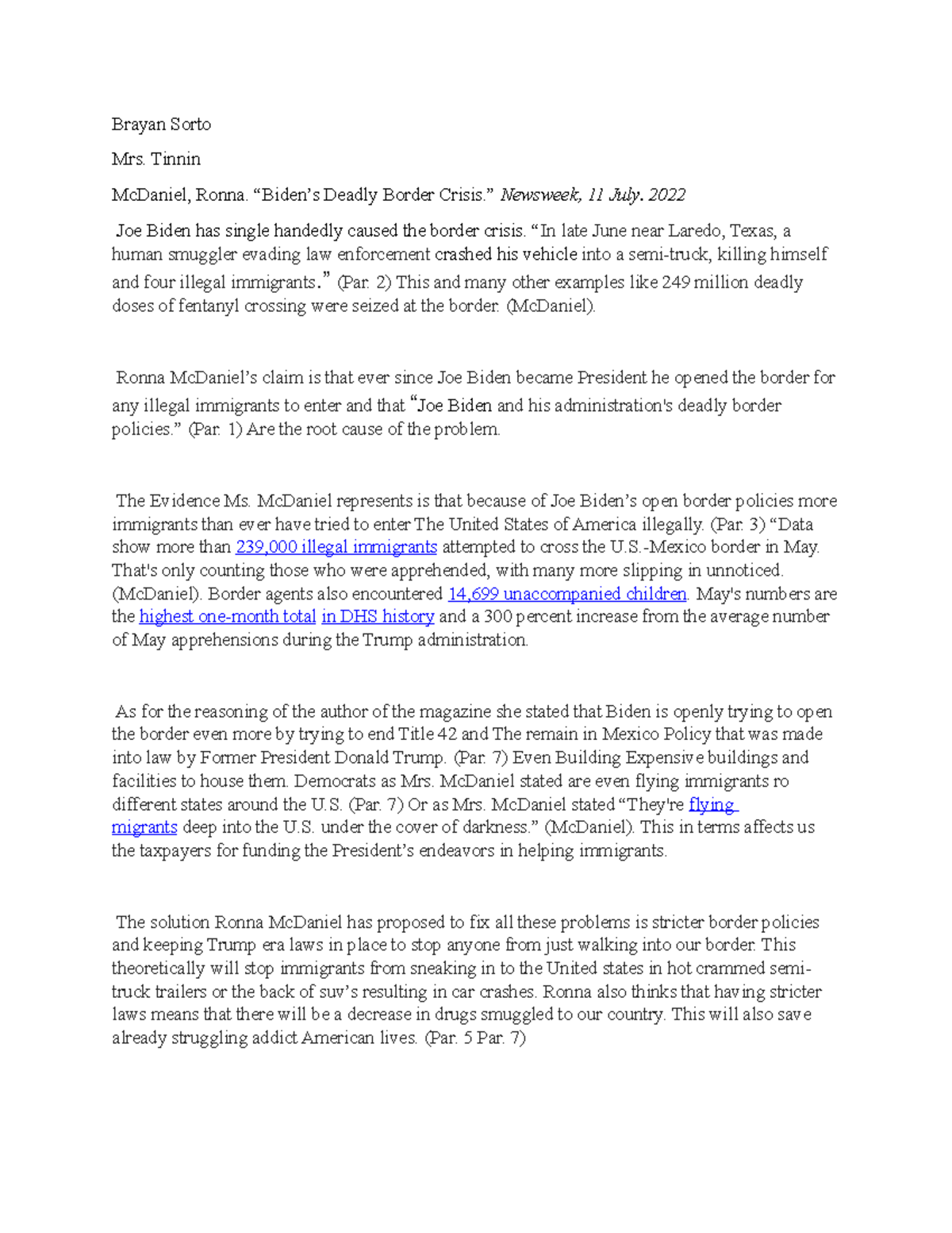 Rs2 rough draft - PDF - Brayan Sorto Mrs. Tinnin McDaniel, Ronna. “Biden’s Deadly Border Crisis ...