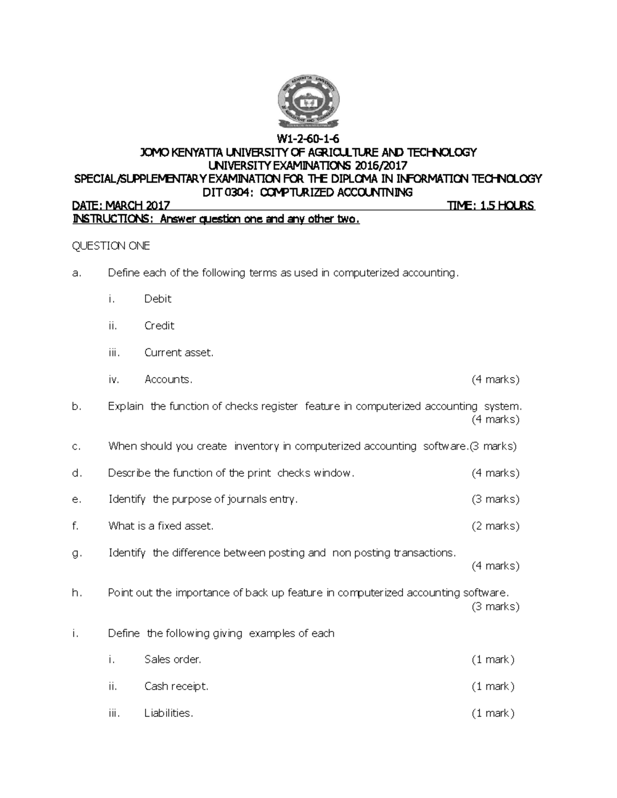 DIT 0304 Compturized Accountning - W1-2-60-1- JOMO KENYATTA UNIVERSITY OF AGRICULTURE AND ...