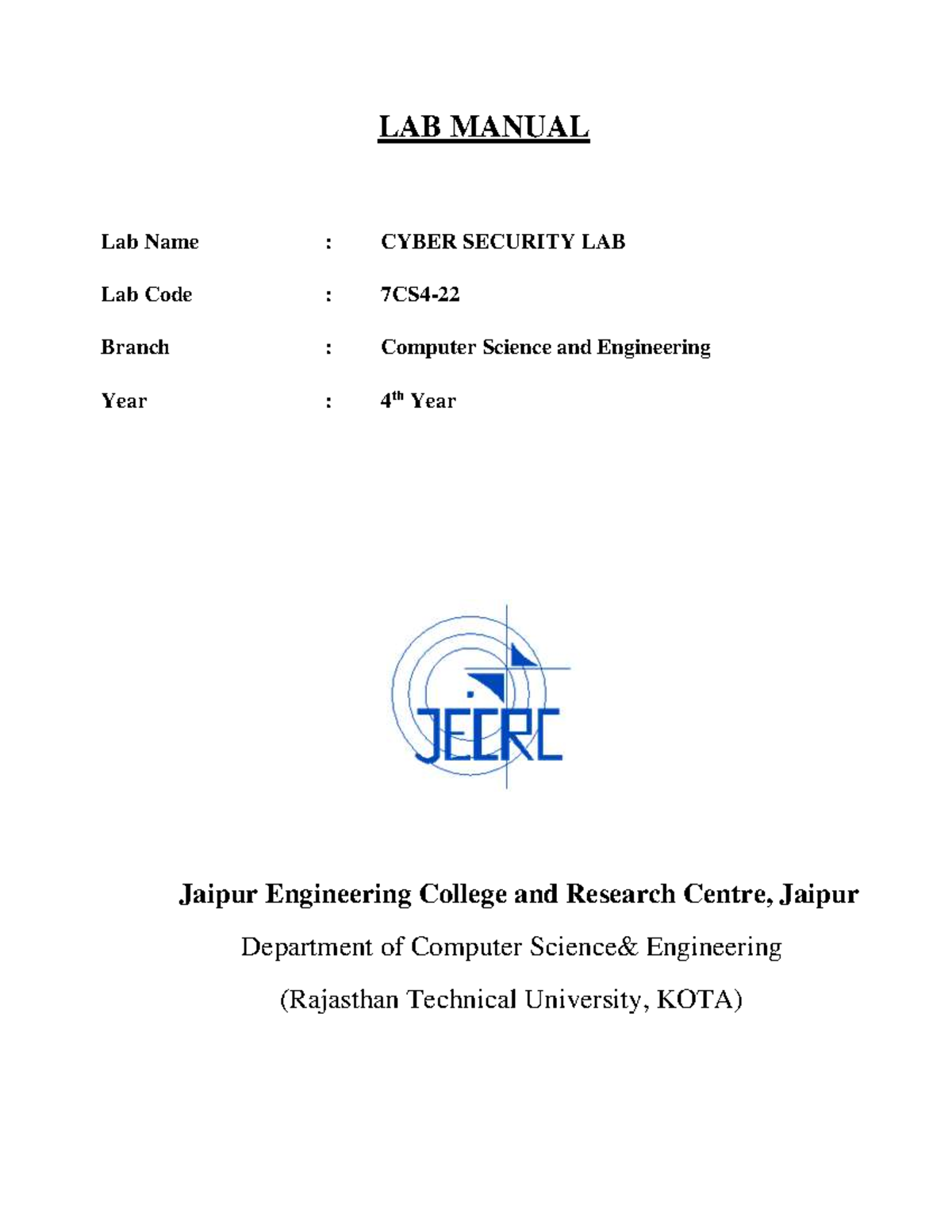 Cyber S Lab Manual - LAB MANUAL Lab Name : CYBER SECURITY LAB Lab Code ...