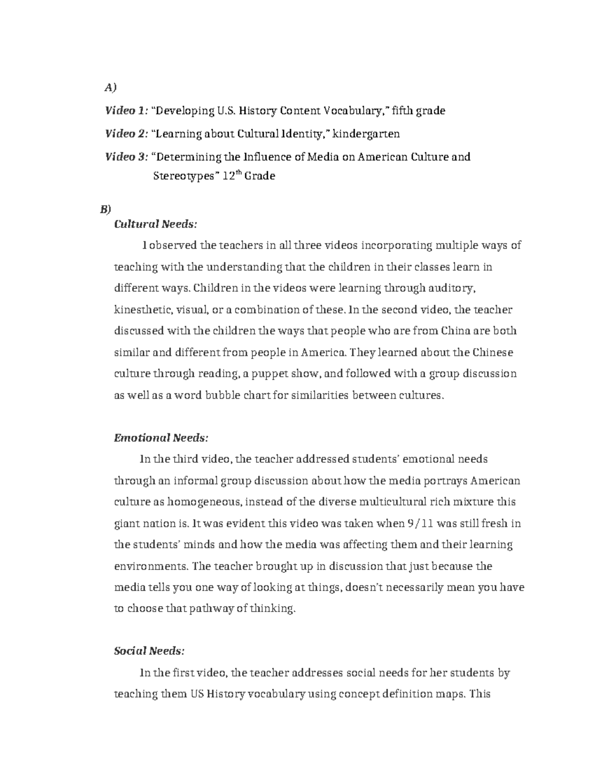 D090 Task 1 SD - task 1 - A) Video 1: “Developing U. History Content ...