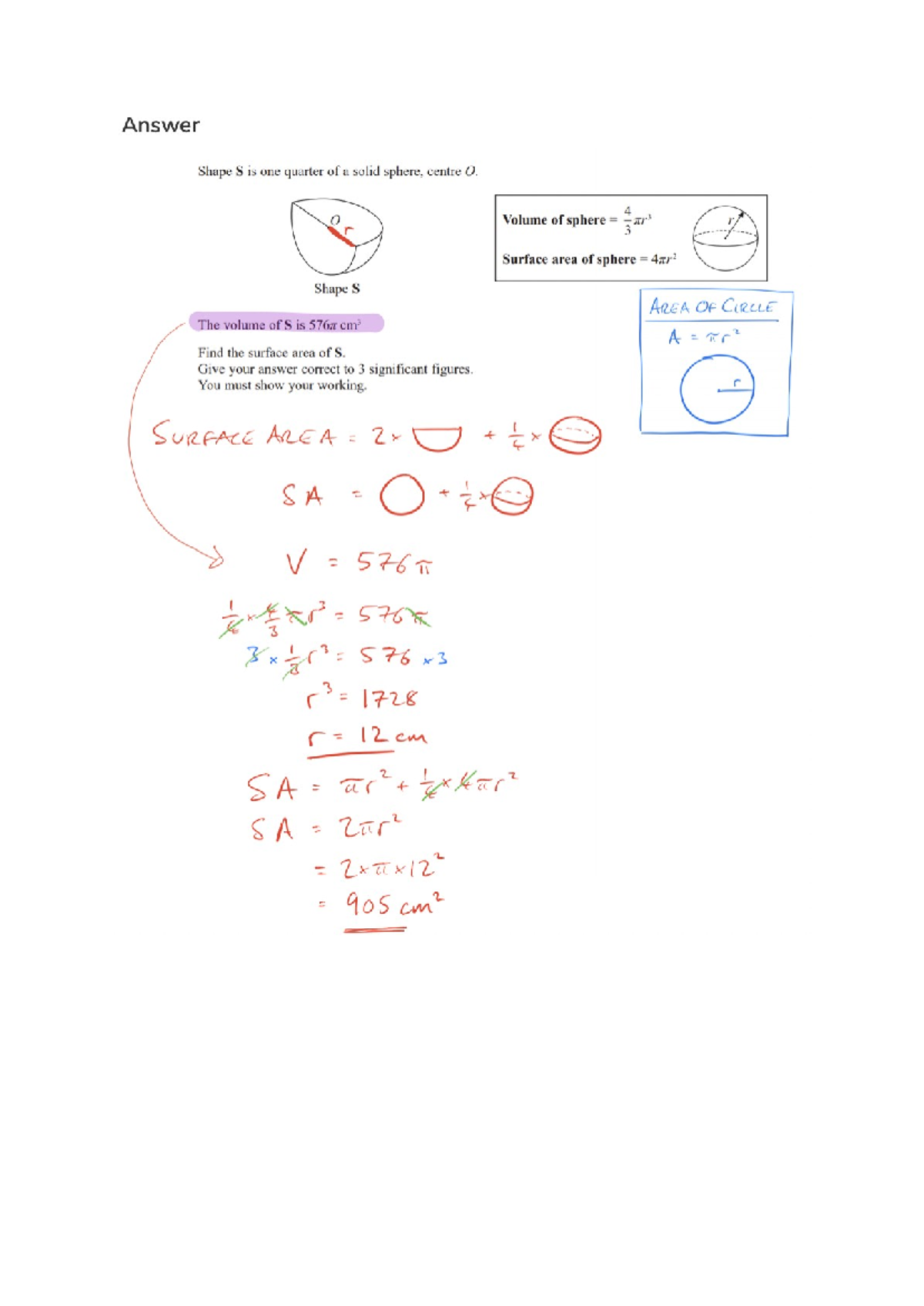 Mixed Qs - Answer Shape S is one quarter of a solid sphere, centre O ...