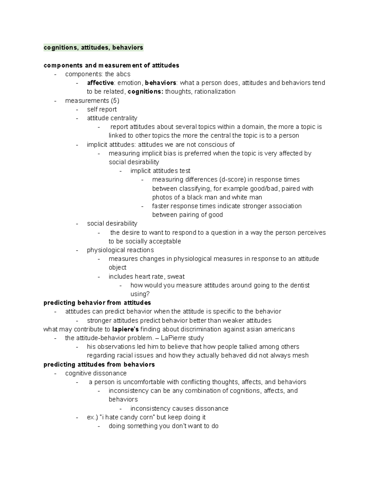 Psych 104 cheat sheet final edition - cognitions, attitudes, behaviors ...