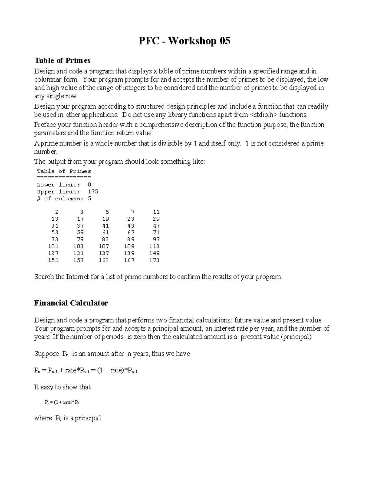 W03 2 Exercise Pfc Workshop 05 Table Of Primes Design And Code A Program That Displays A