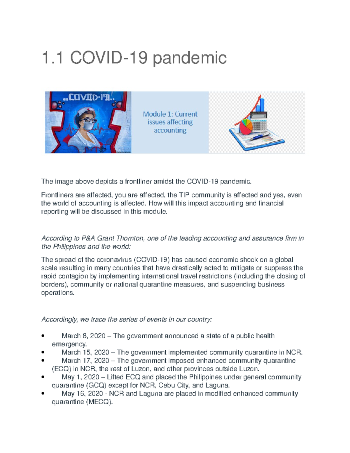 Acctg 033 Module 1 - Lecture notes 1 - 1 COVID-19 pandemic The image ...