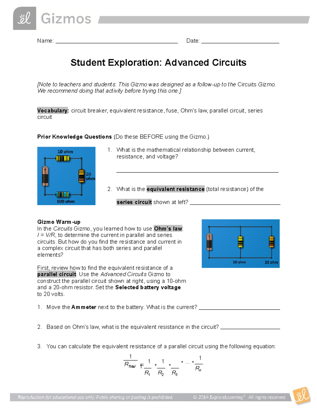 Advanced Circuits SE - 2018 Name: Date: Student Exploration: Advanced ...