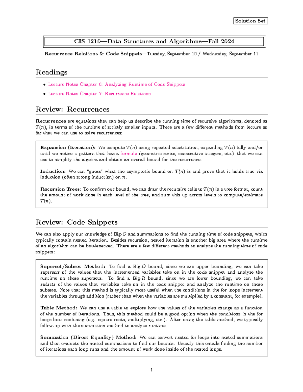 Fa24 reci2 sols - Recitation lecture notes - CIS 1210—Data Structures ...