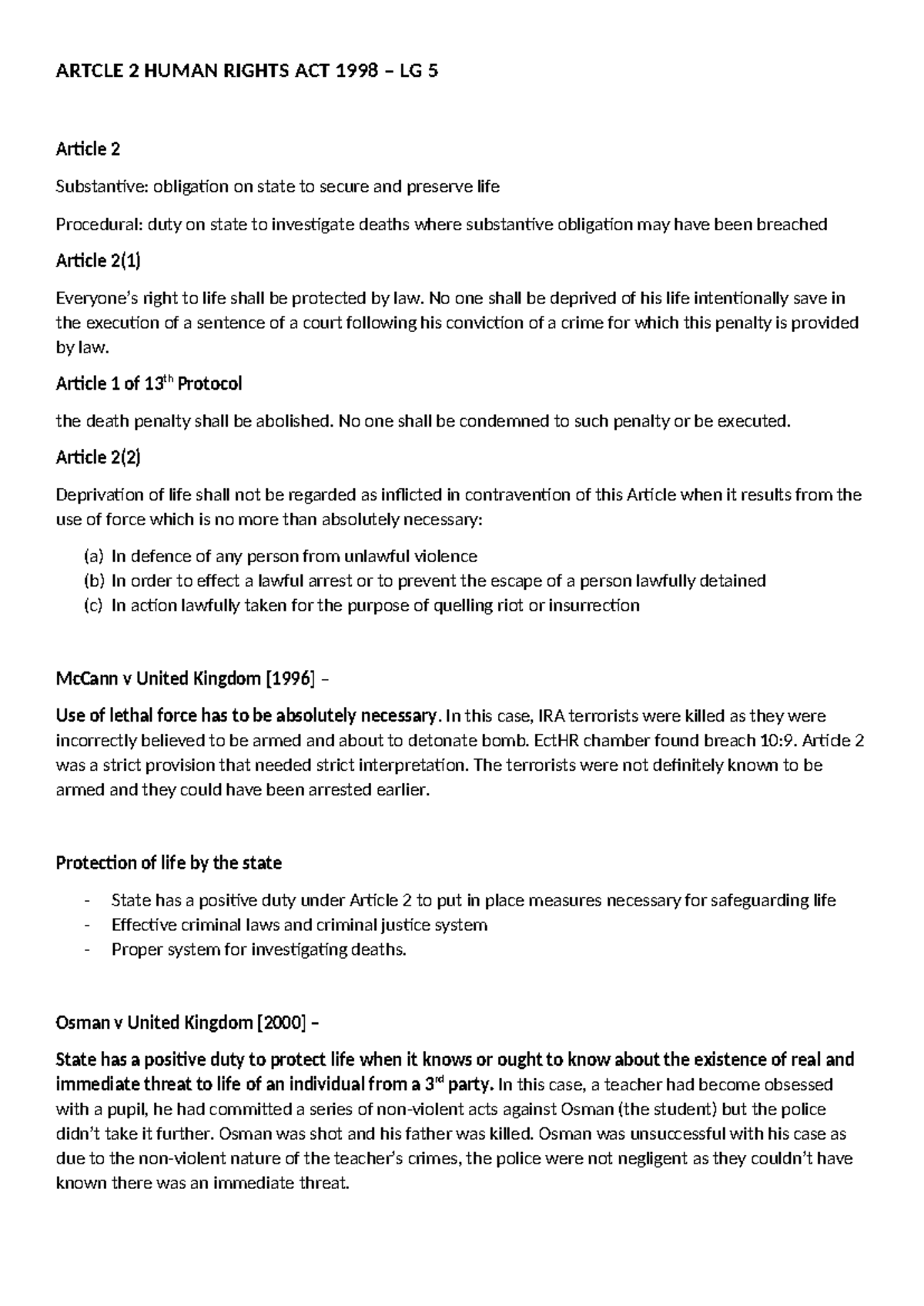 Article 2 - LG 5 - Summary iLLB Human Rights (Level 5) - ARTCLE 2 HUMAN ...