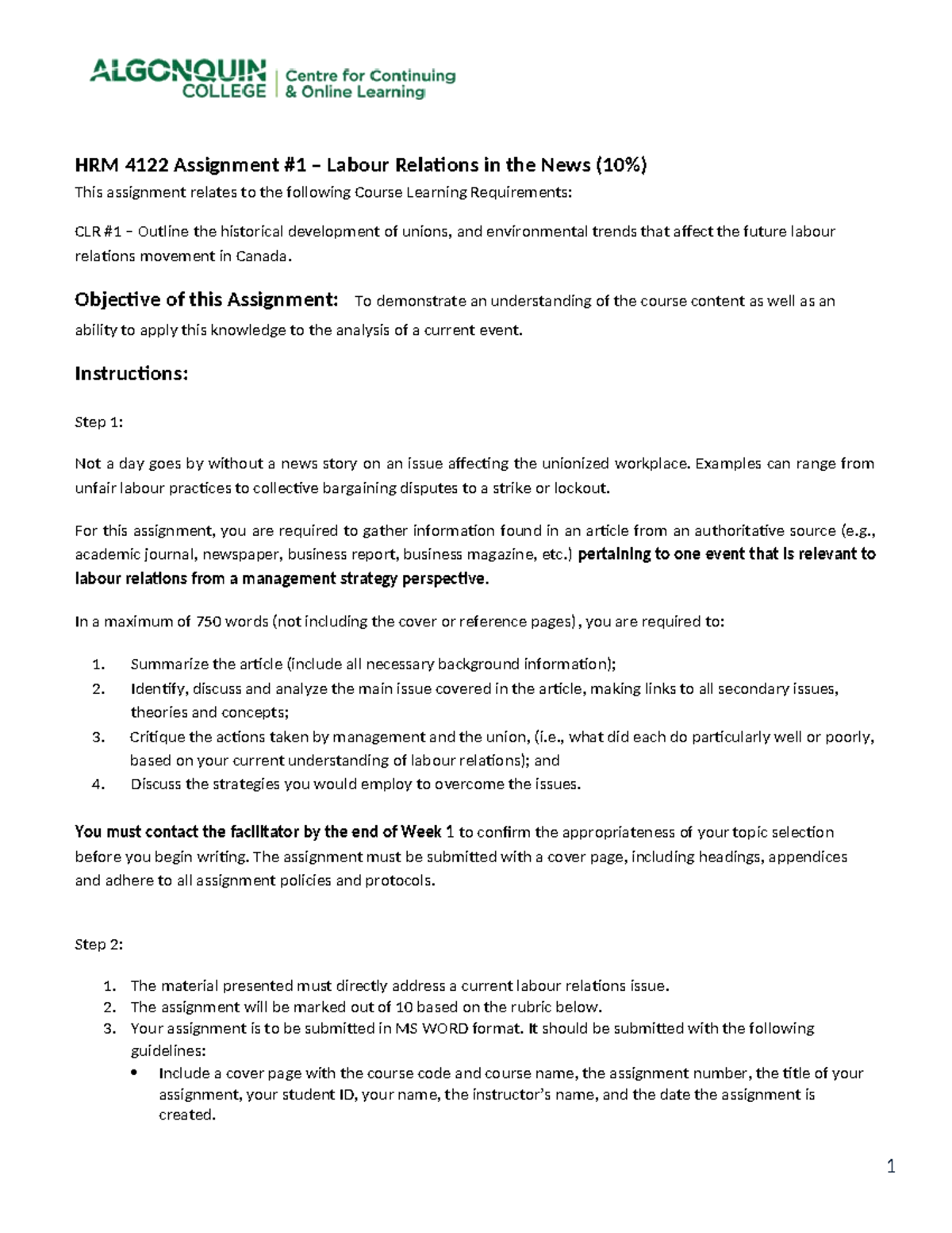 HRM4122 Assignment 1 News Story Analysis - 1 HRM 4122 Assignment #1 ...