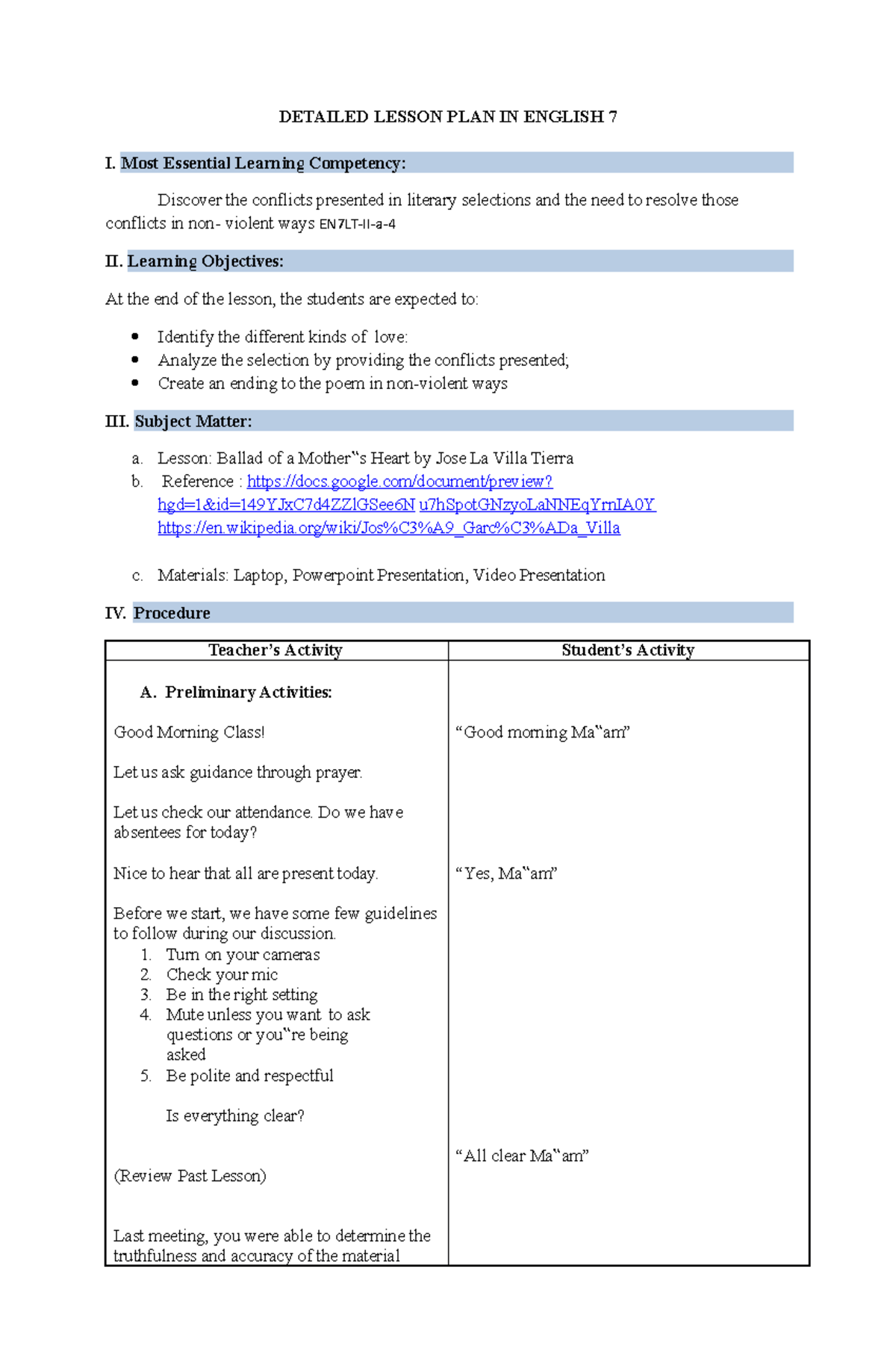 Ballad of a Mother‟s Heart by Jose La Villa Tierra - DETAILED LESSON ...