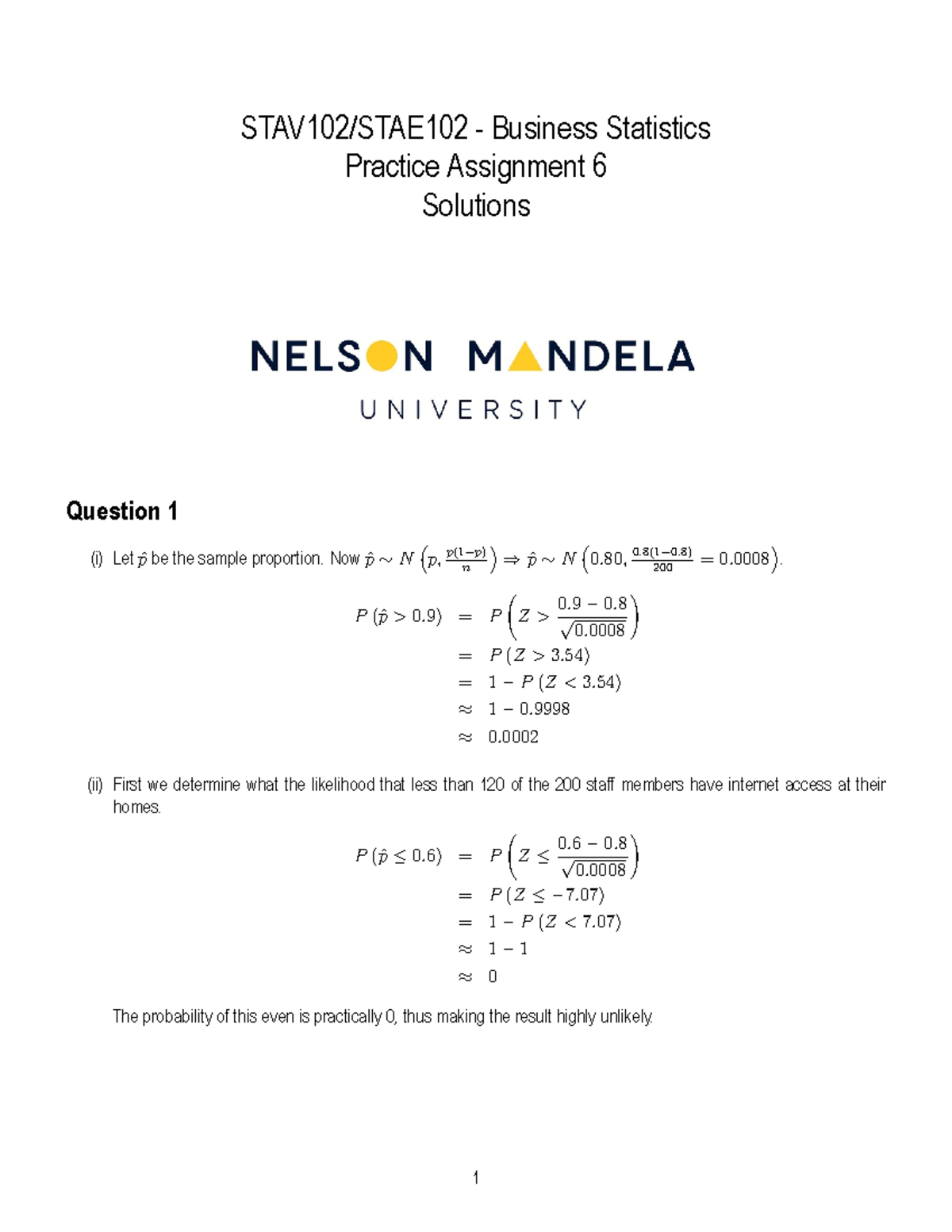 STAV102 Practice Assignment 6 Solutions - STAV102/STAE102 ­ Business ...