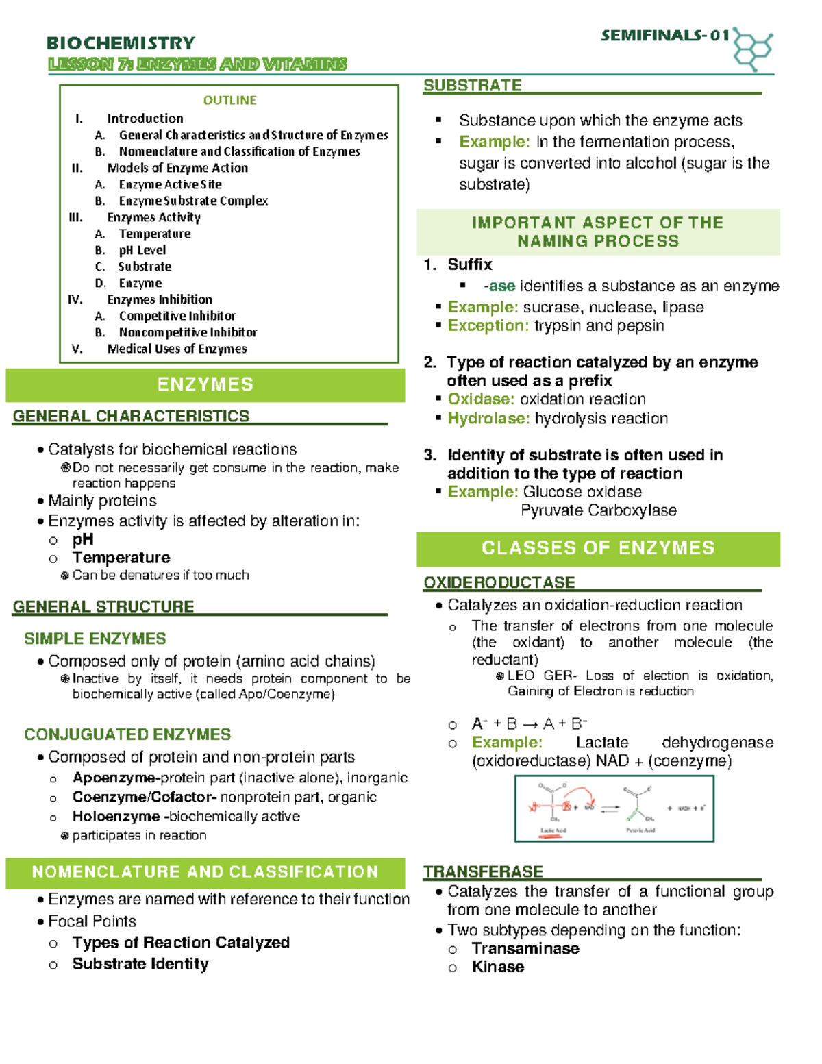 Biochem-Transes-Semi1 - ENZYMES GENERAL CHARACTERISTICS Catalysts for ...