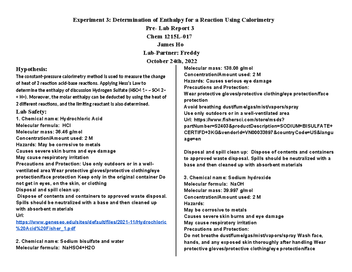 Pre Lab Report 3 - Pre-Lab 3 - Experiment 3: Determination of Enthalpy for a Reaction Using ...