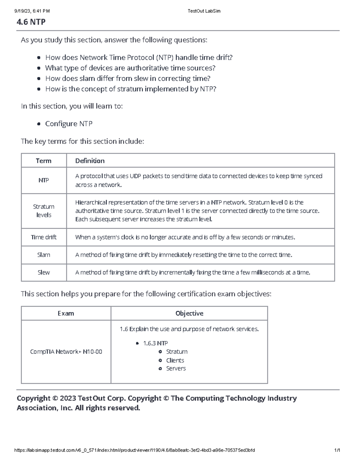 4.6 NTP - Computer Science - 9/19/23, 6:41 PM TestOut LabSim - Studocu
