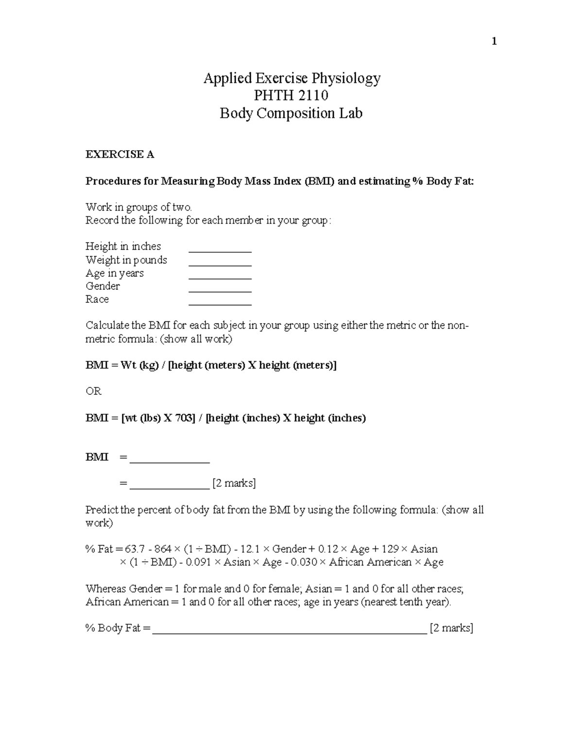 Applied Exercise Physiology Body Composition Lab - Applied Exercise ...