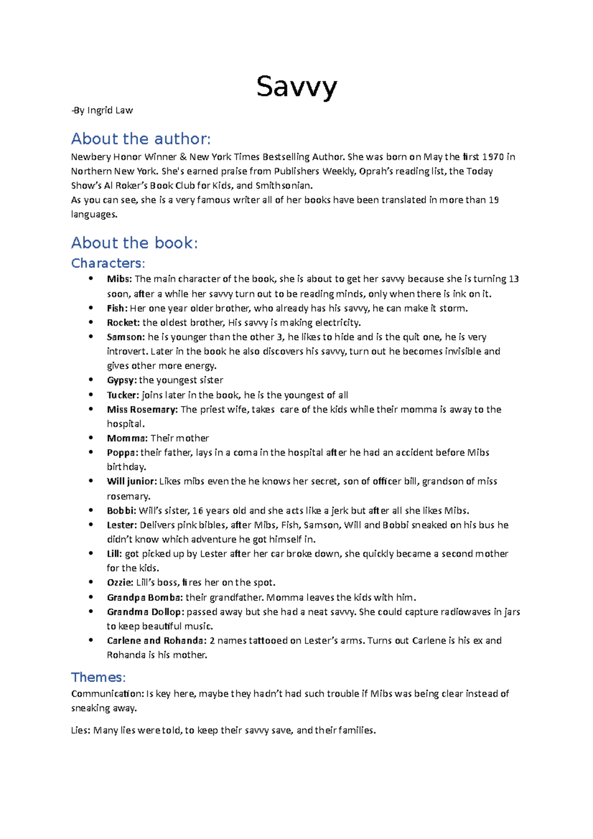 Savvy - Savvy -By Ingrid Law About the author: Newbery Honor Winner ...