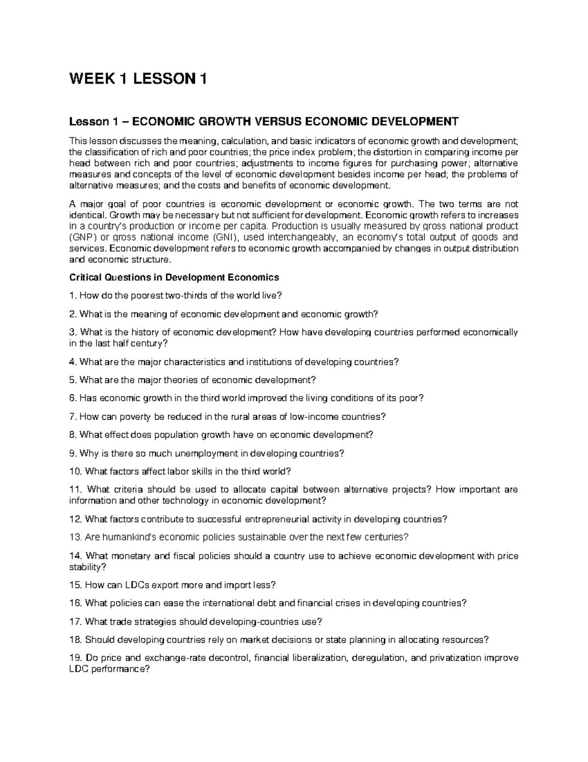 Economic Development WEEK 1-5 - WEEK 1 LESSON 1 Lesson 1 – ECONOMIC ...