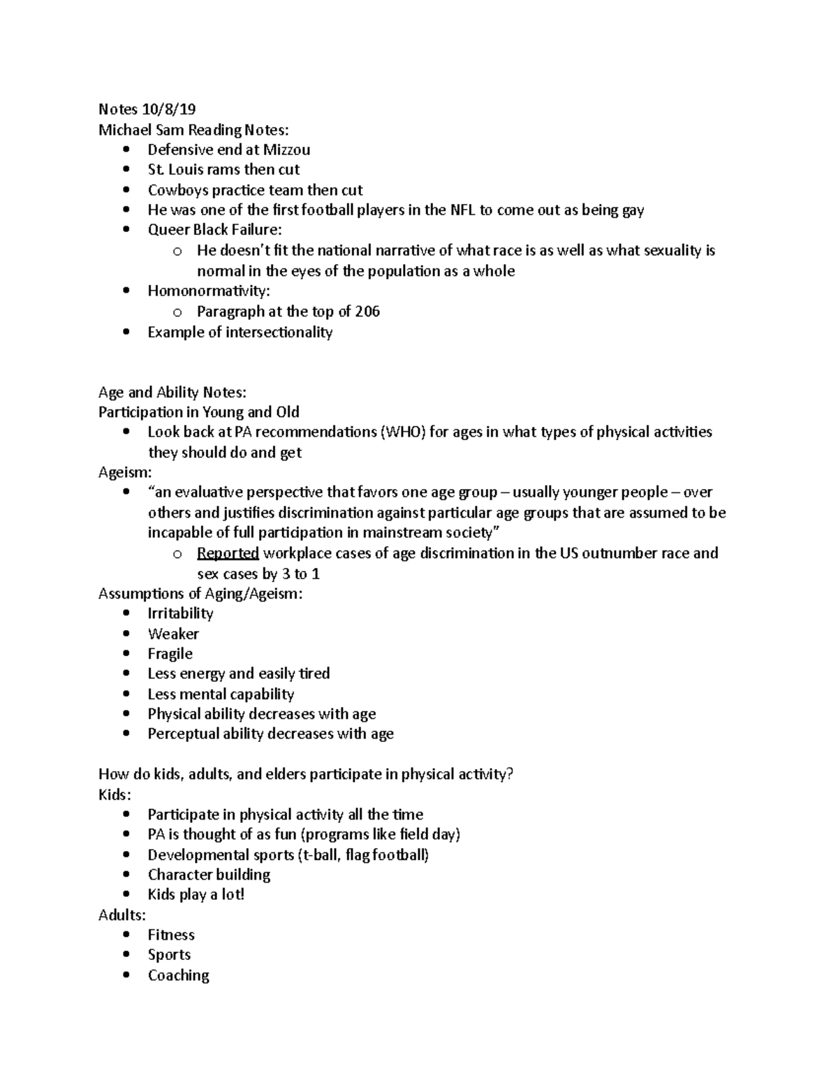 Notes 10:8:19 - Samuel T. Twito - Notes 10/8/ Michael Sam Reading Notes ...
