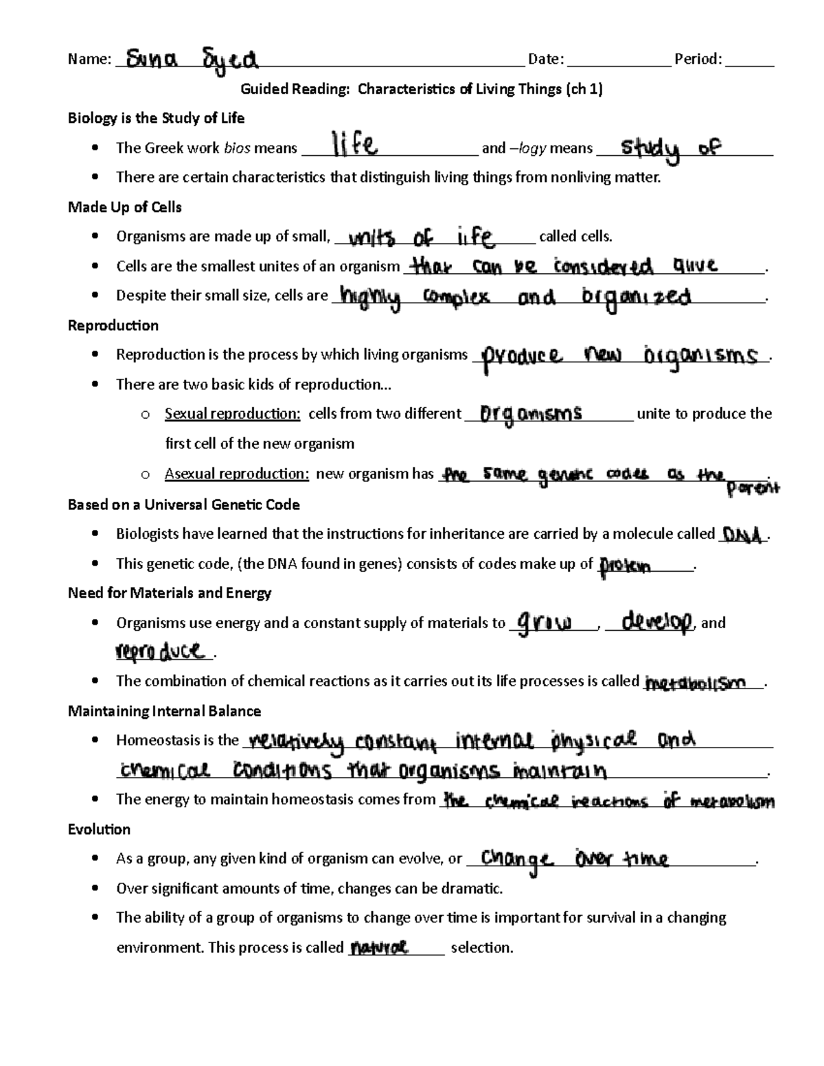 Characteristics of Living Things Notes (Bee B copy - Name: - Studocu