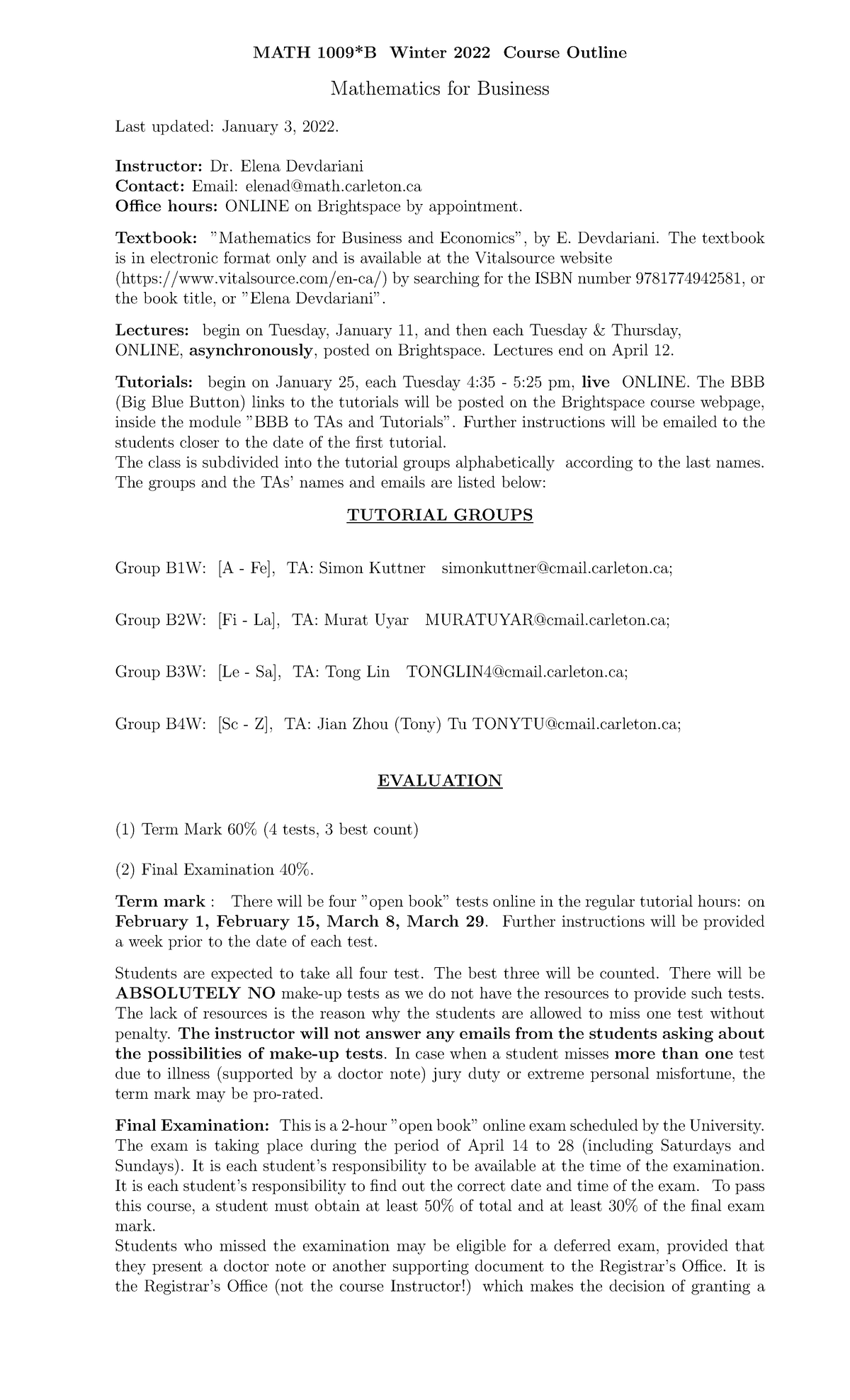 Outline MATH 1009 B Win 22 - MATH 1009*B Winter 2022 Course Outline ...
