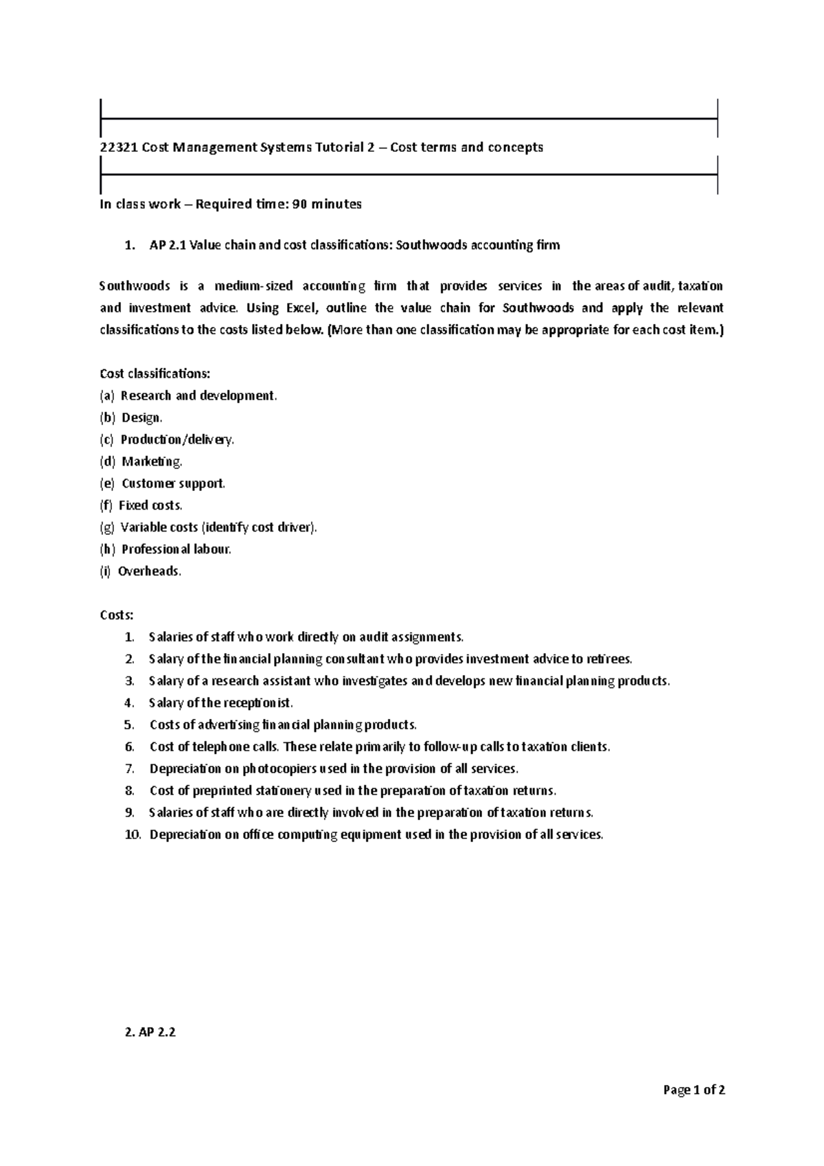 CMS Tutorial 2 In-class - 22321 Cost Management Systems Tutorial 2 ...
