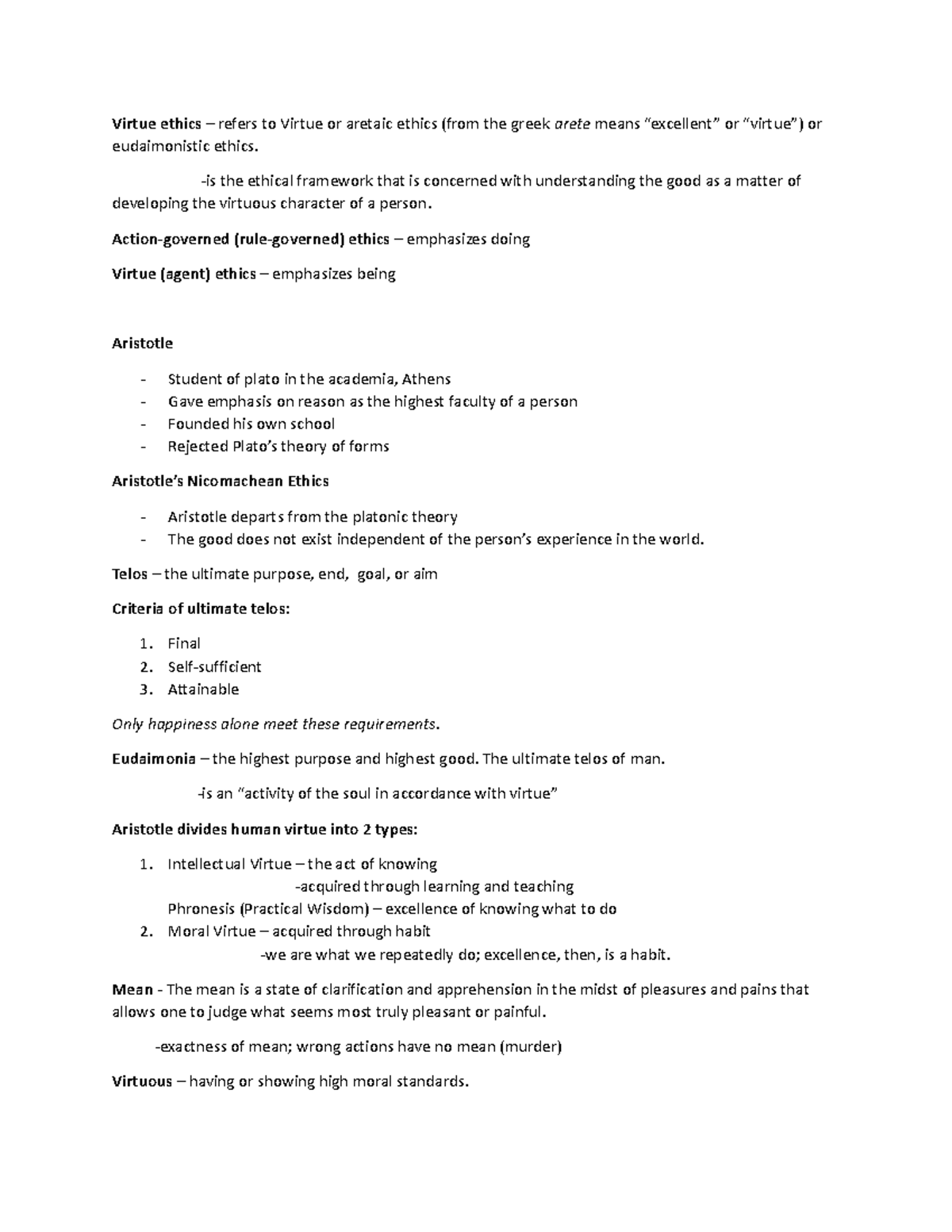 Virtue-ethics-notes - Virtue ethics. Aristotle eudaimonistic ethics ...