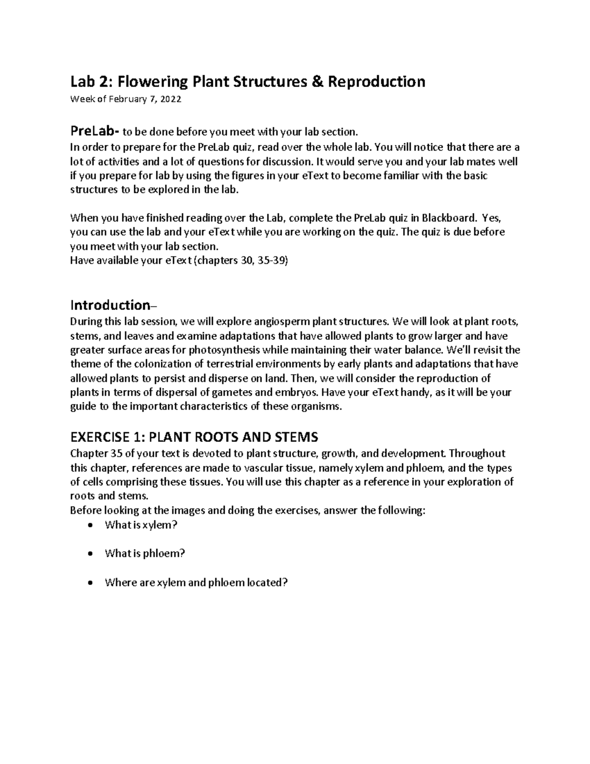 BIO 124 Lab 2 Flowering Plant Structures & Reproduction(1) - Lab 2 ...