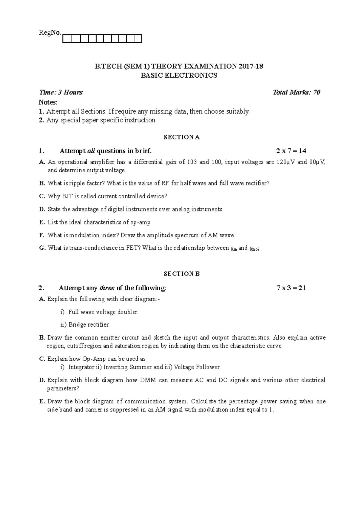 Basic Electronics - RegNo. B (SEM 1) THEORY EXAMINATION 2017- BASIC ELECTRONICS Time: 3 Hours ...